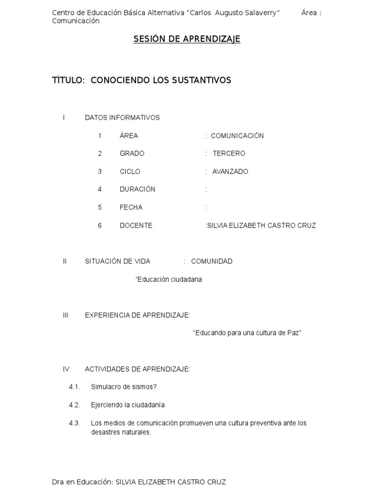 Sesion de Aprendizaje: Silvia Elizabeth Castro Cruz | PDF | Educación primaria | Aprendizaje