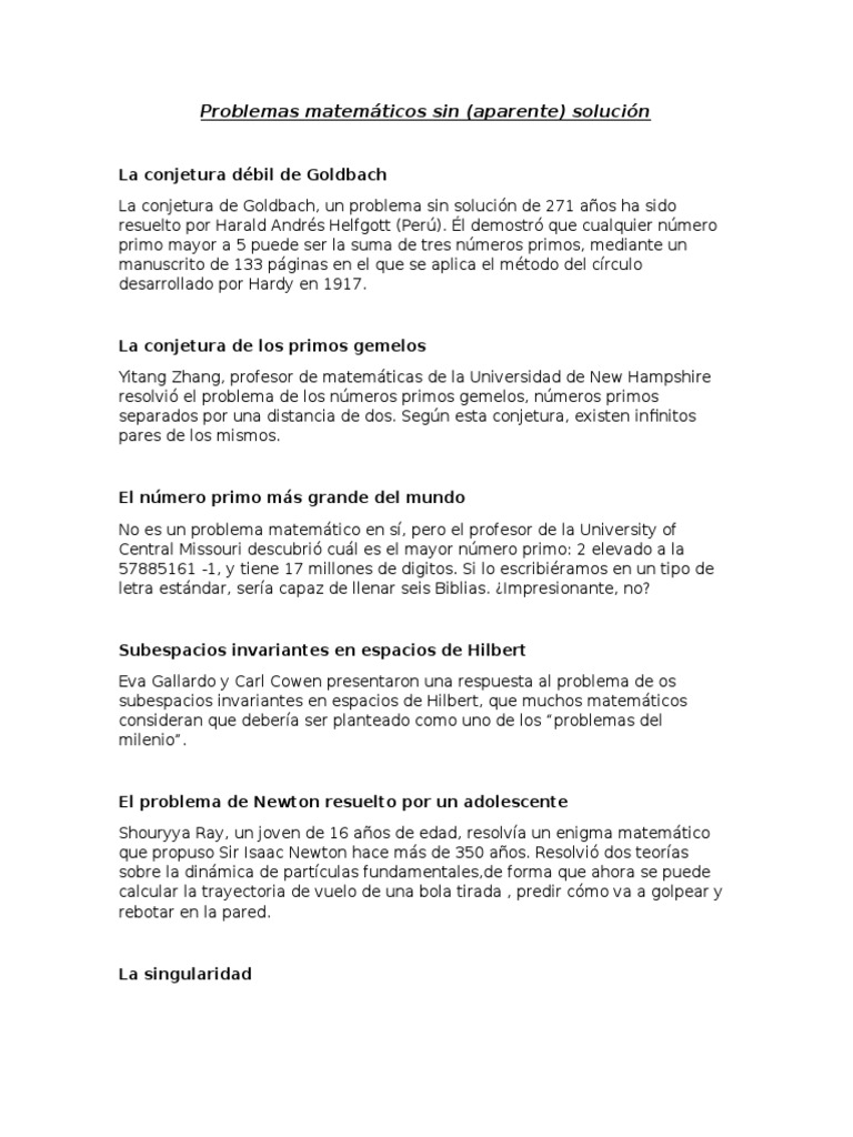 Problemas Matemáticos Sin Solucion | PDF
