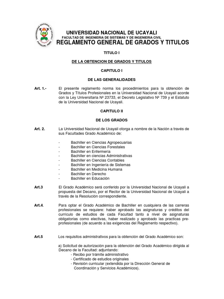 Reglamento de Grados y Titulos - UNU | PDF | Titulo academico | Prueba (evaluación)