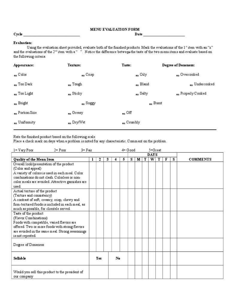 Menu Evaluation Form | PDF