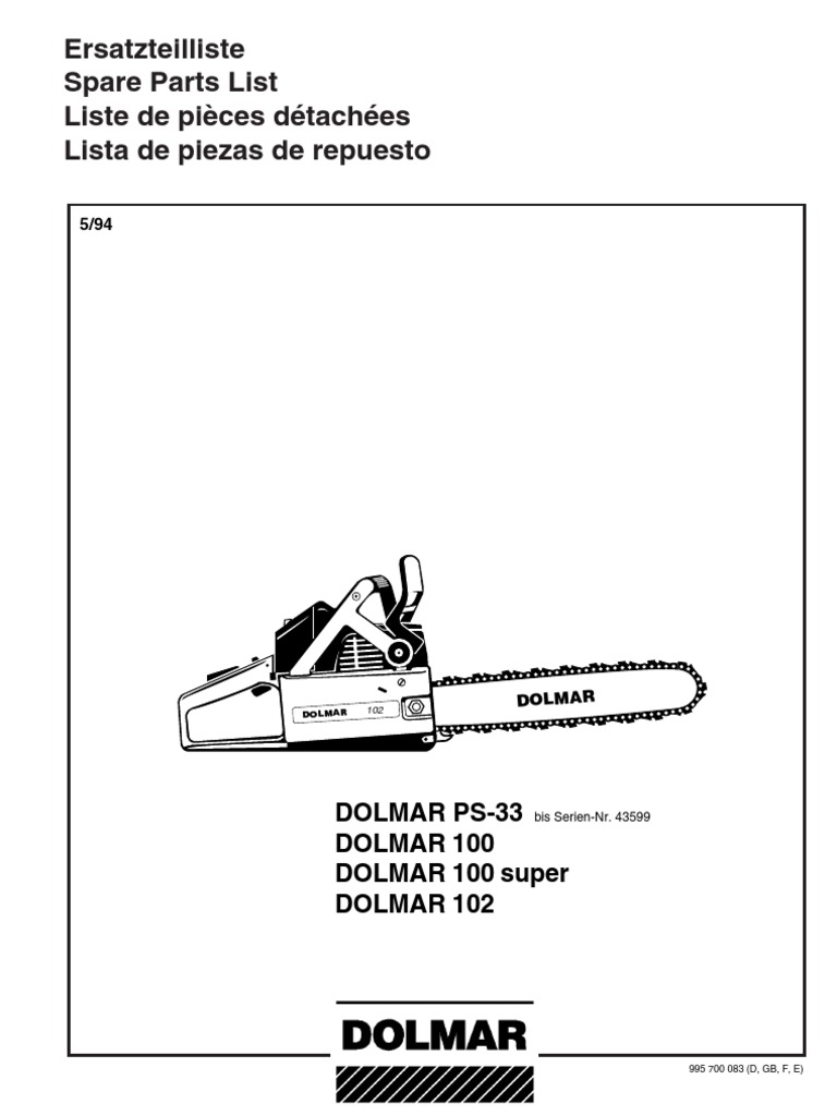DOLMAR Parts Manual For Chainsaw Models: PS-33 100, 100s, 102 | PDF ...