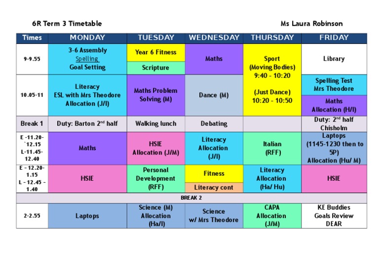 Term 3 Class Timetable Overview | PDF