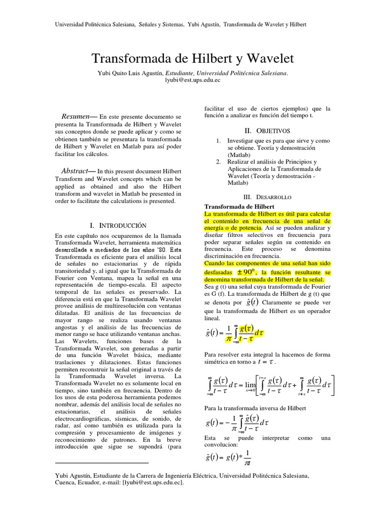 Trabajo de Señales y Sistemas ... Transformada de Hilbert y Wavelet ...