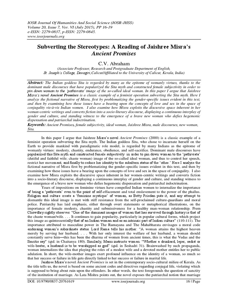 Subverting The Stereotypes: A Reading of Jaishree Misra's Ancient ...