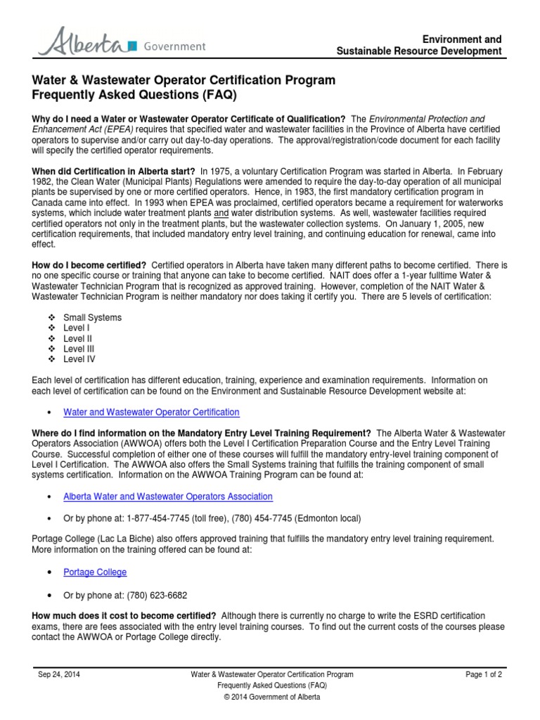 Waste Water Operator Certification Fa Q | PDF | General Educational ...