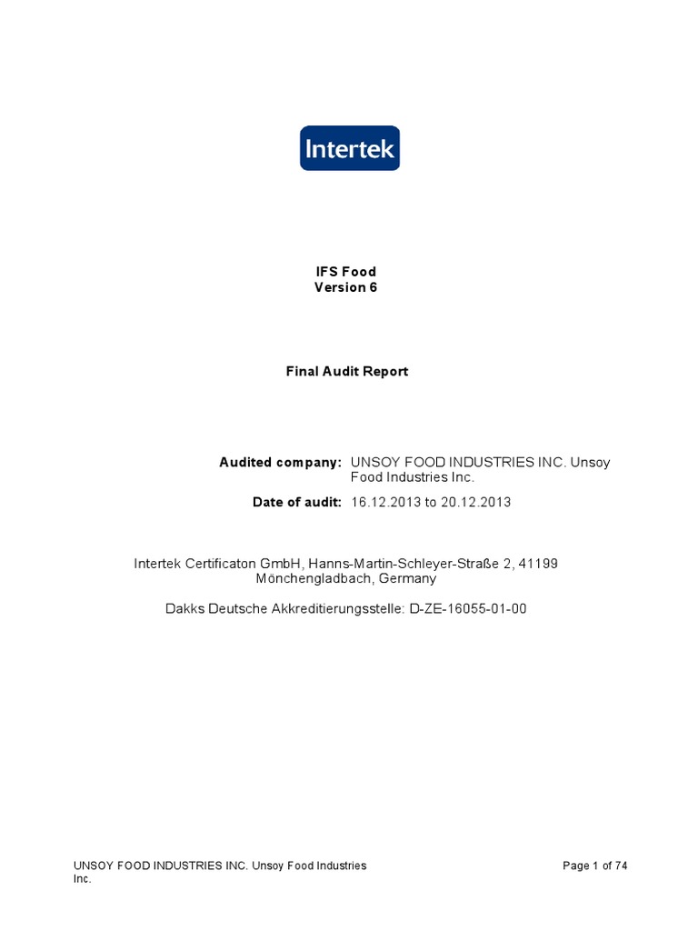 IFS Food Audit Report for Unsoy Industries | PDF | Food Safety | Hazard ...