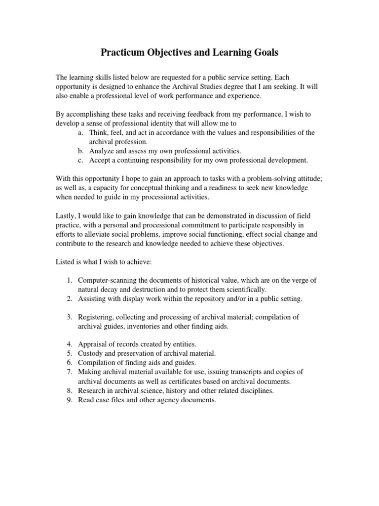 Practicum Objectives And Learning Goals Preservation Library And