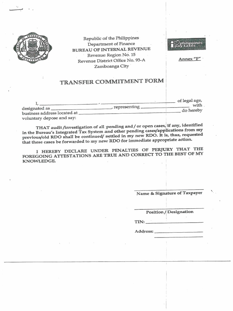 BIR Transfer Commitment Form | PDF