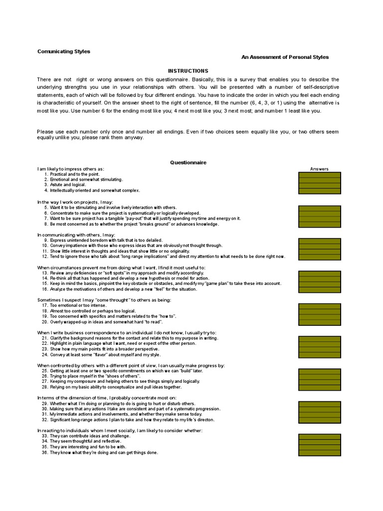 Communication Styles Assessment - LICENSE REQ'D To USE (For Reference ...