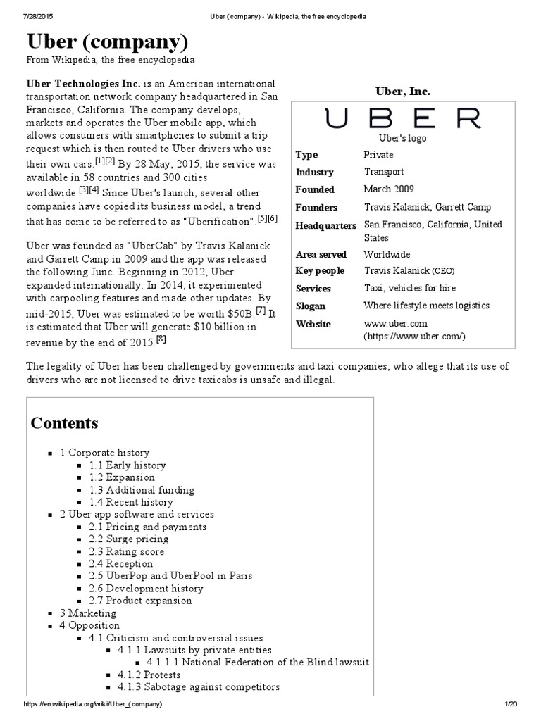 Uber (Company) - Wikipedia, The Free Encyclopedia | PDF | Taxicab | Pricing