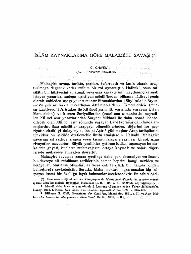 Cahen İslam Kaynaklarına Göre Malazgirt | PDF