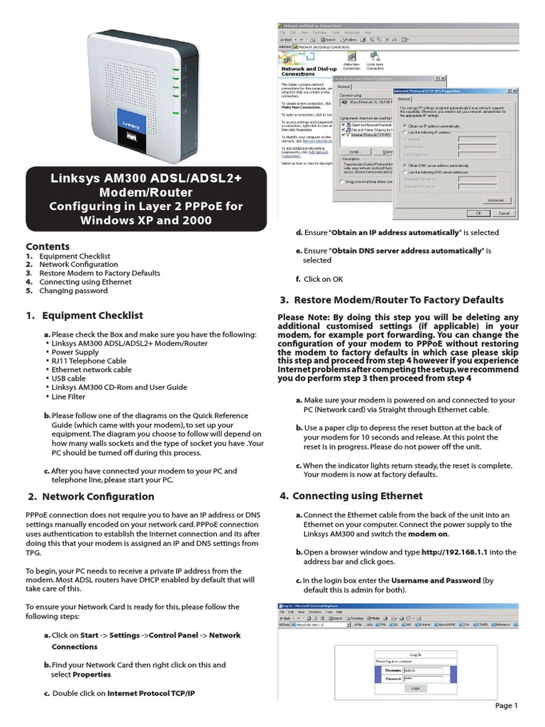 Linksys Am300 Adsl/Adsl2+ Modem/Router Configuring in Layer 2 Pppoe For ...