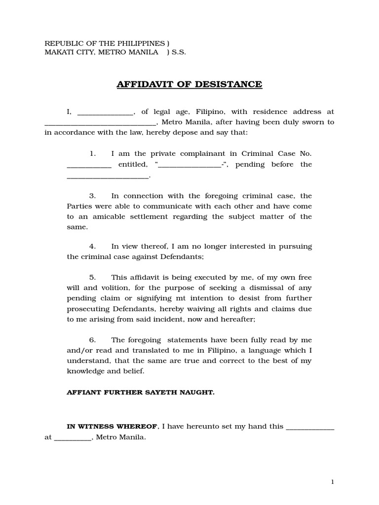 Sample Affidavit of Desistance | PDF