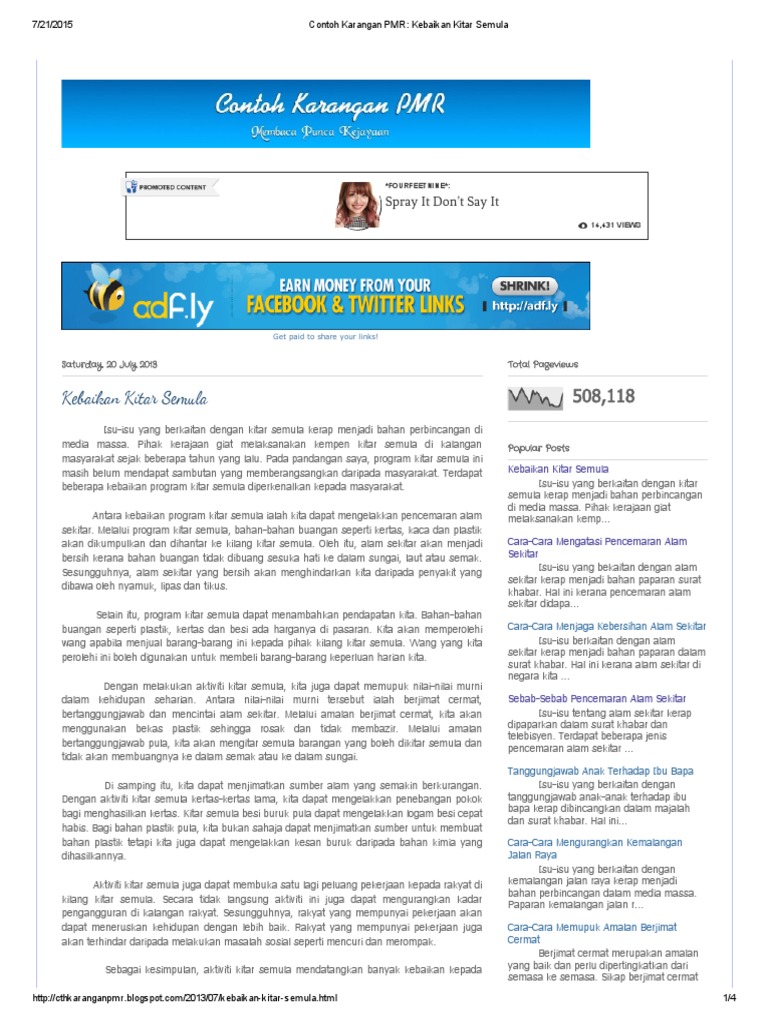 Contoh Karangan PMR - Kebaikan Kitar Semula | PDF
