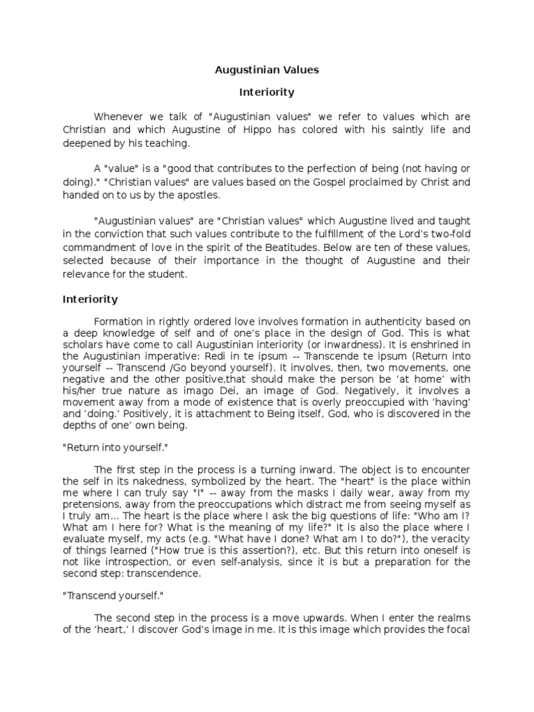 Augustinian Values INTERIORITY | PDF | Augustine Of Hippo | Spirituality