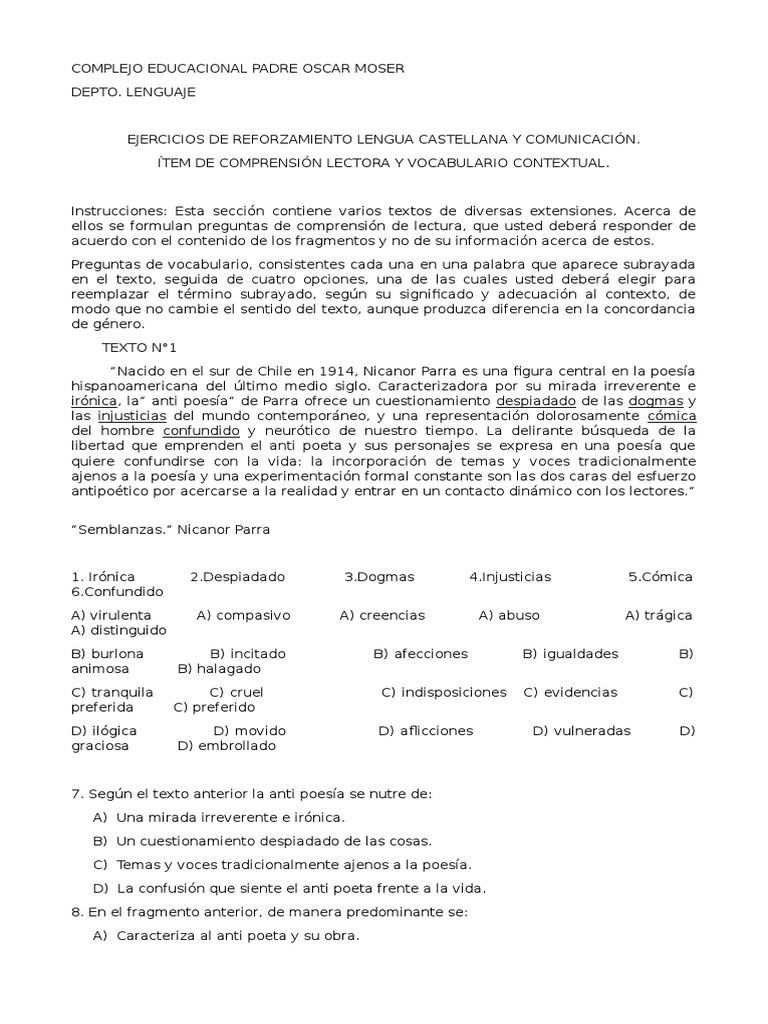 Ejercicios de Comprensión Lectora y Vocabulario | PDF | Poesía ...