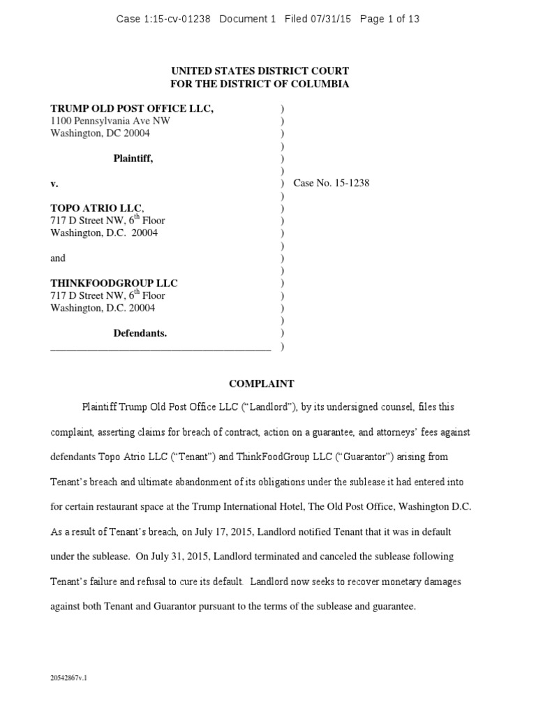 Trump Old Post Office LLC v. Topo Atrio LLC Complaint | PDF | Old Post ...