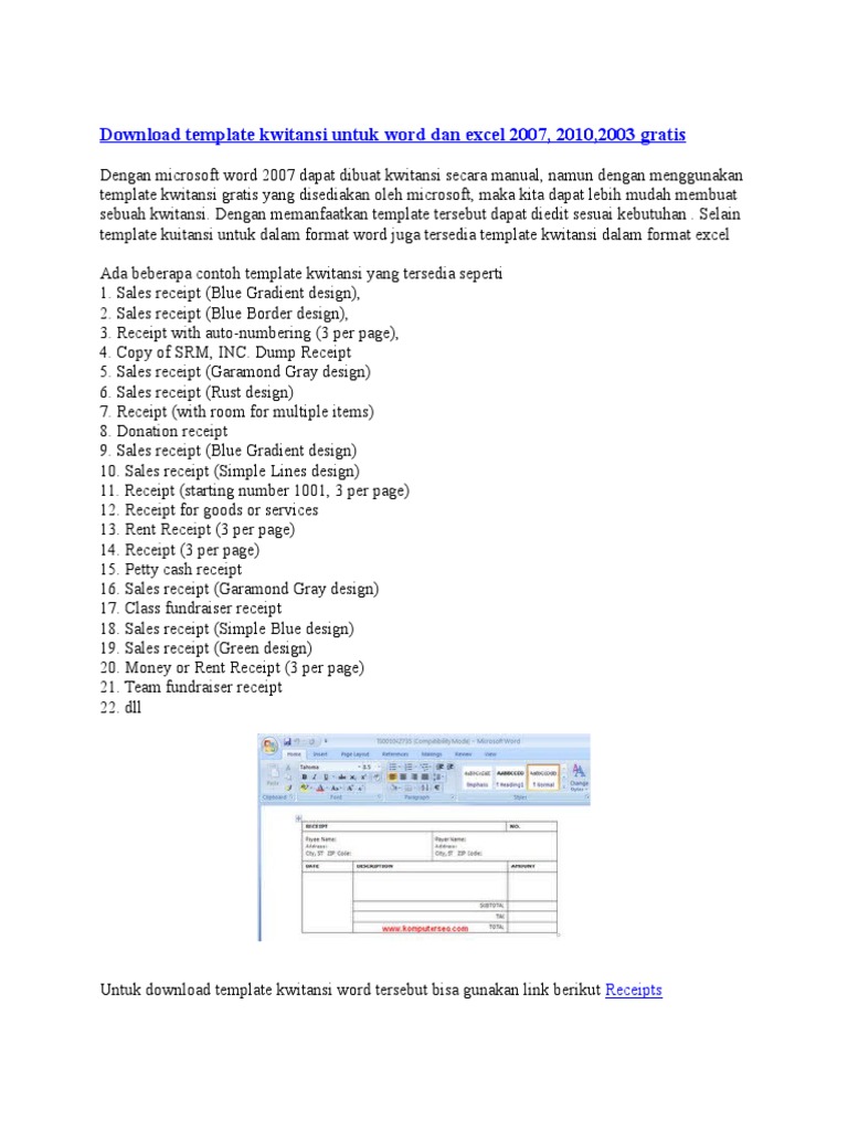 Template Kwitansi Word dan Excel Gratis | PDF