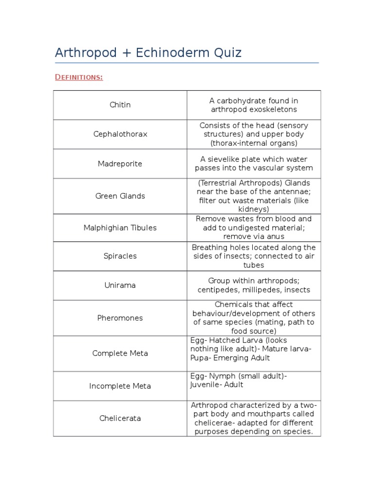 Arthropod & Echinoderm Study Guide | PDF