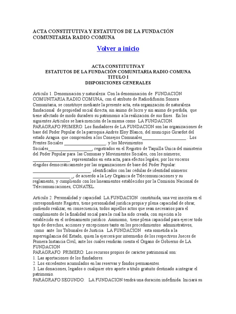 Acta Constitutiva y Estatutos de La Fundación Comunitaria Radio Comuna | PDF | Liquidación ...