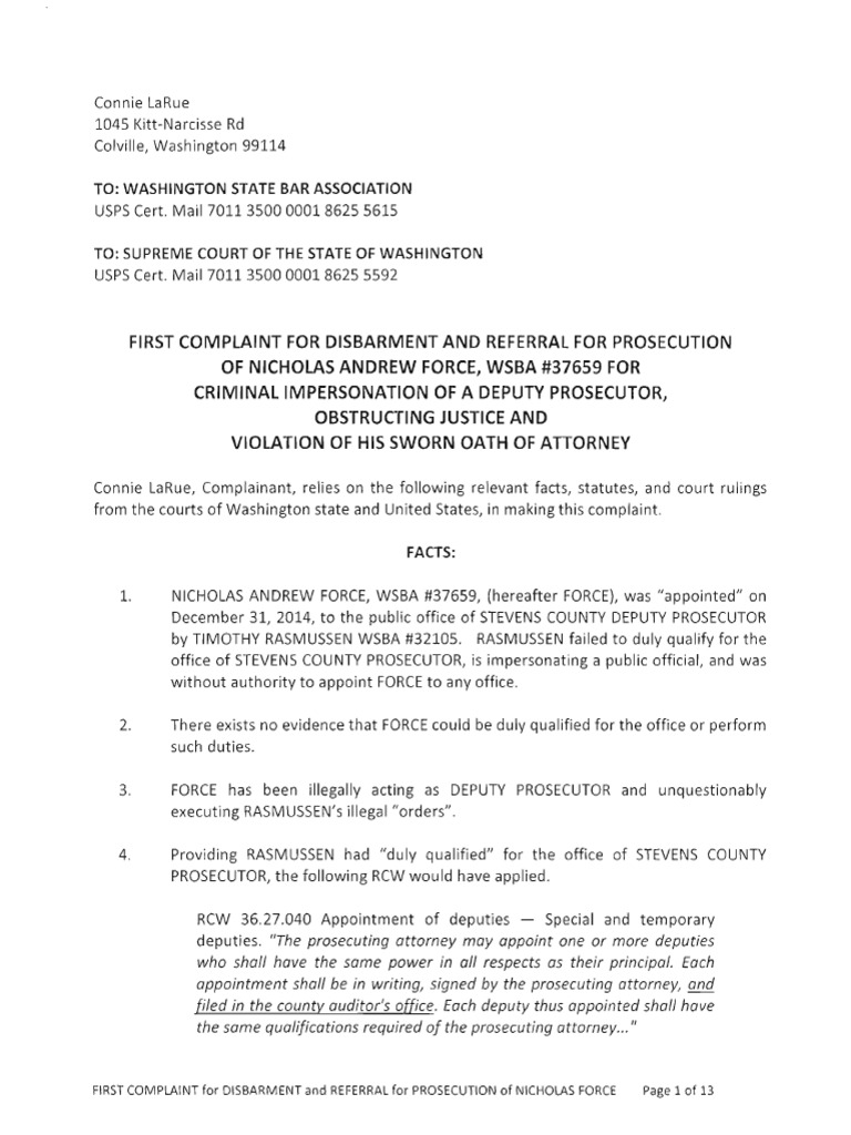 Force 1st Complaint Disbarment/Prosecution To WASHINGTON STATE BAR ...