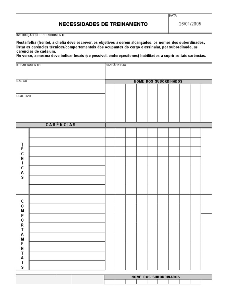 Formulário de necessidades de treinamento para departamentos | PDF