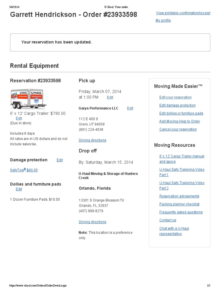 U-Haul Order Confirmation #23933598 | PDF
