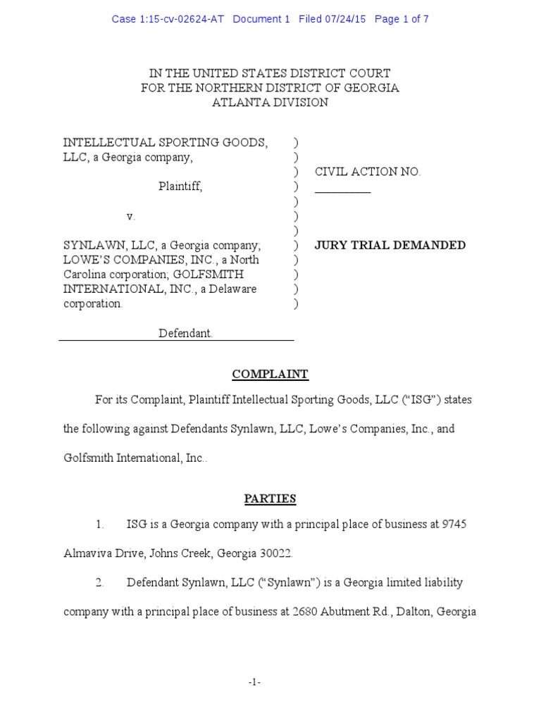 ISG v. Synlawn - Complaint | PDF | Lawsuit | Tort