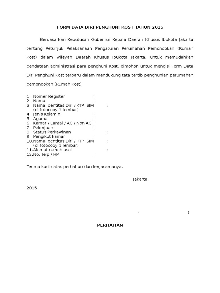 Form Data Diri Penghuni Kost Tahun 2015 | PDF