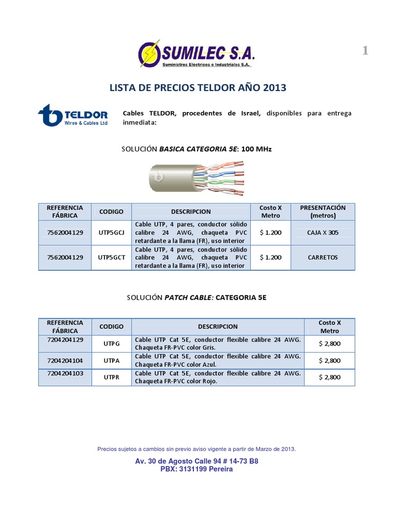 Precios de Cables Teldor 2013 | PDF | Cable coaxial | Equipo de ...