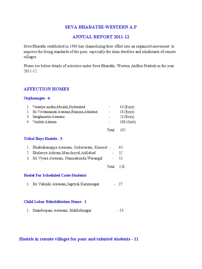 Seva Bharathi Annual Report 2011-12 | PDF