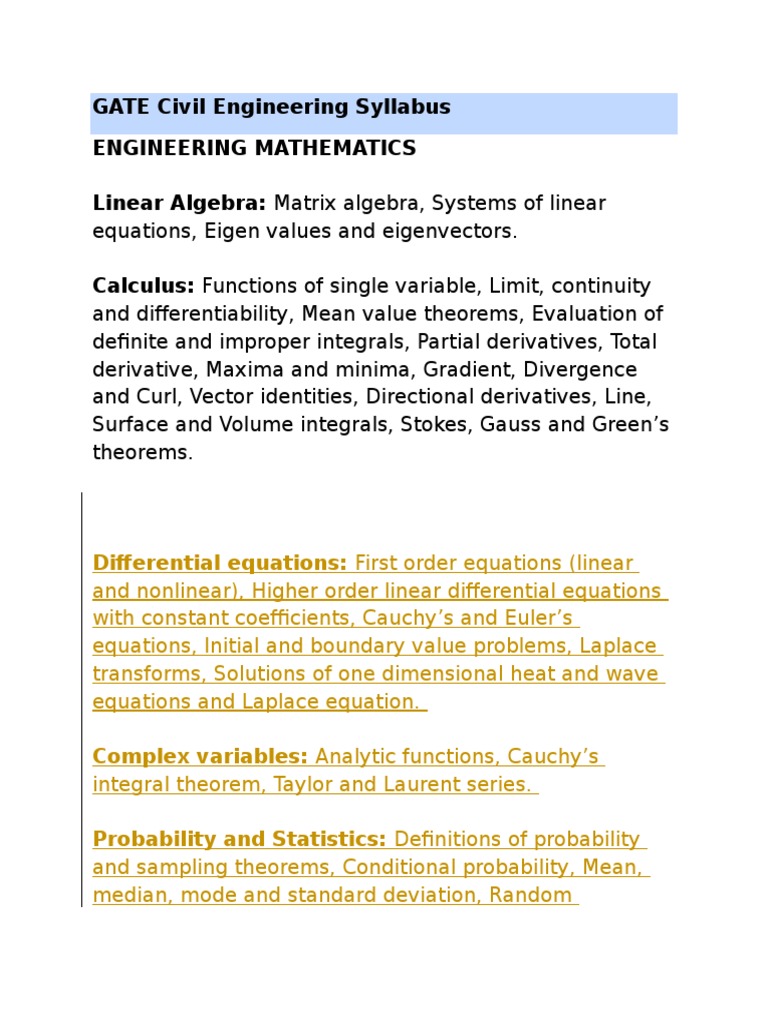 GATE Civil Engineering Syllabus Engineering Mathematics Linear Algebra ...