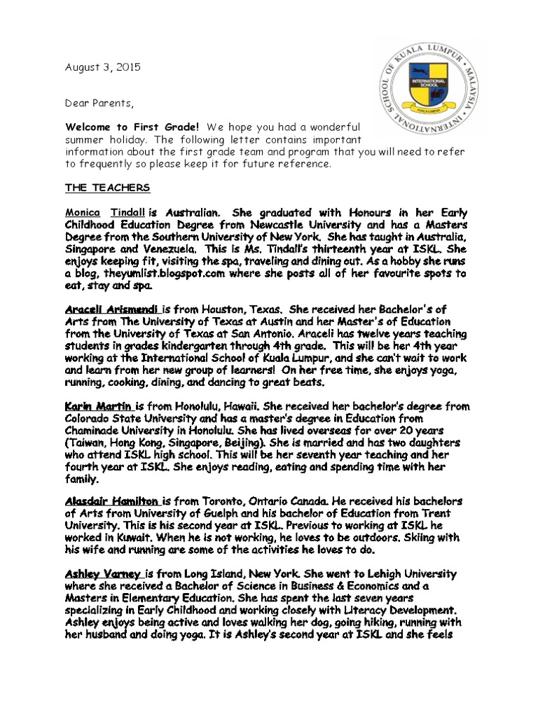First Grade Welcome Letter for Parents | PDF | Physical Education ...