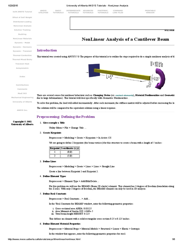 University of Alberta ANSYS Tutorials - NonLinear Analysis | PDF | Nonlinear System | Beam ...