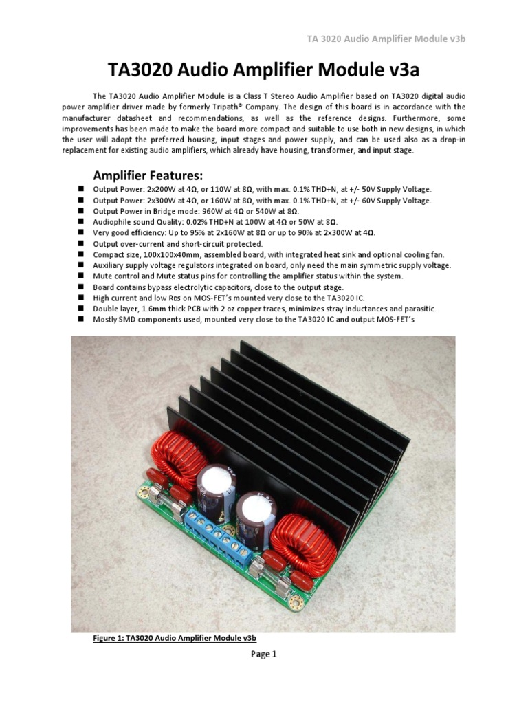 TA3020 Audio Amplifier Module v3b Manual | PDF | Amplifier | Power Supply