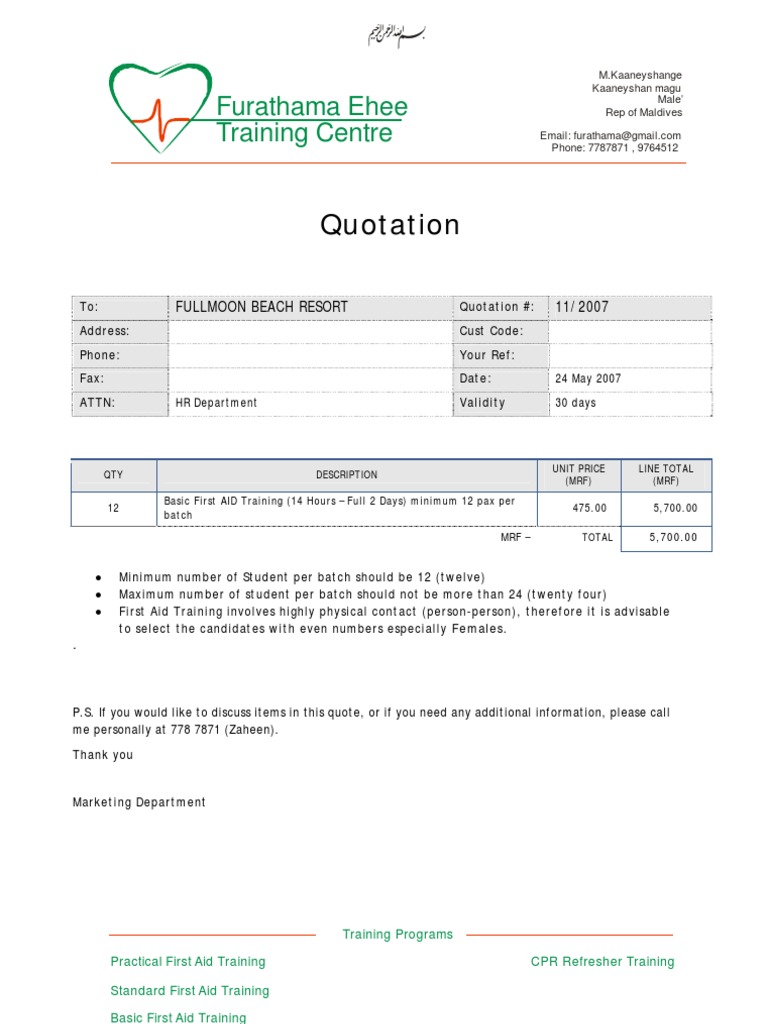 Quotation: Furathama Ehee Training Centre | PDF | First Aid | Health ...