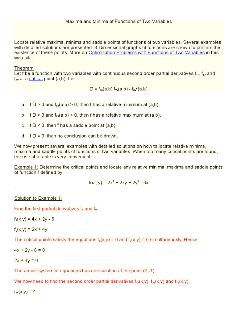 Maxima And Minima Of Functions Of Two Variables Calculus 3 Pdf Maxima And Minima Functions