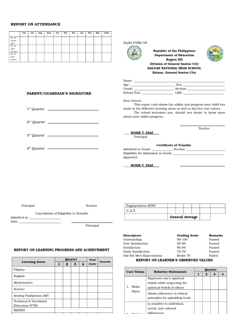 FORM 138 Template (2015-2016) | PDF | Psychological Concepts | Behavior ...
