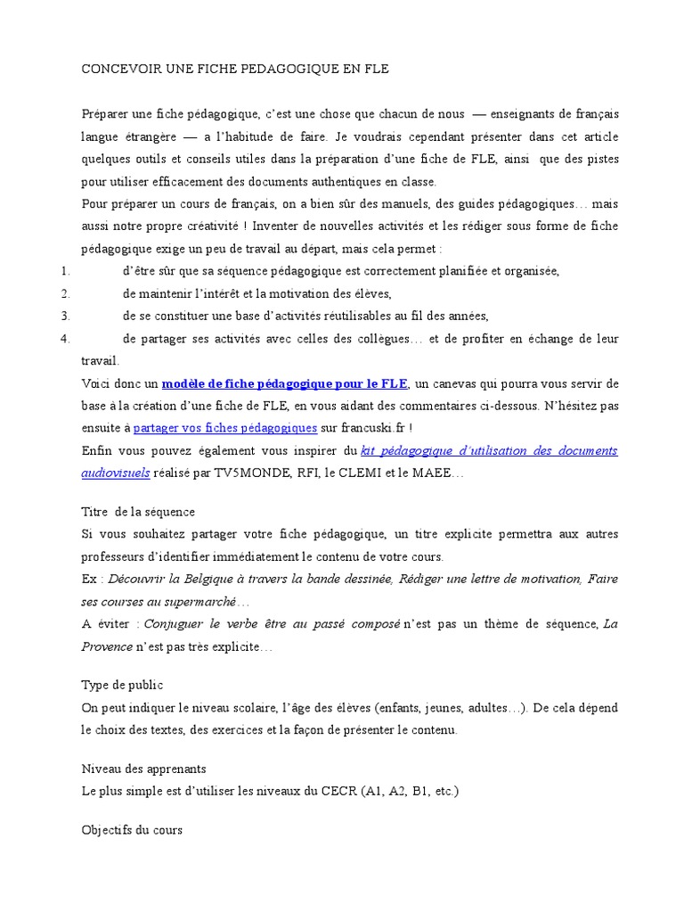 Concevoir Une Fiche Pedagogique en Fle | Pédagogie | Langue française