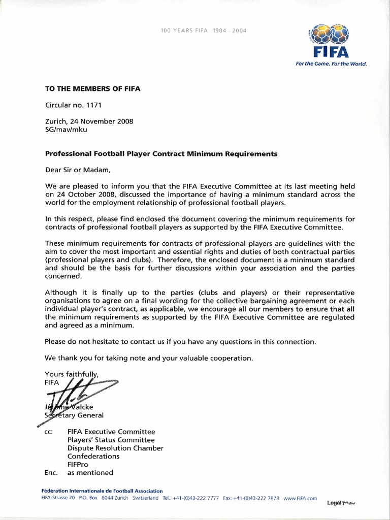 Professional Football Player Contract Minimum Requirements | PDF