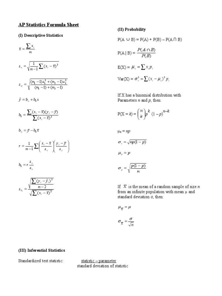 Statistics Formula Sheet Standard Deviation