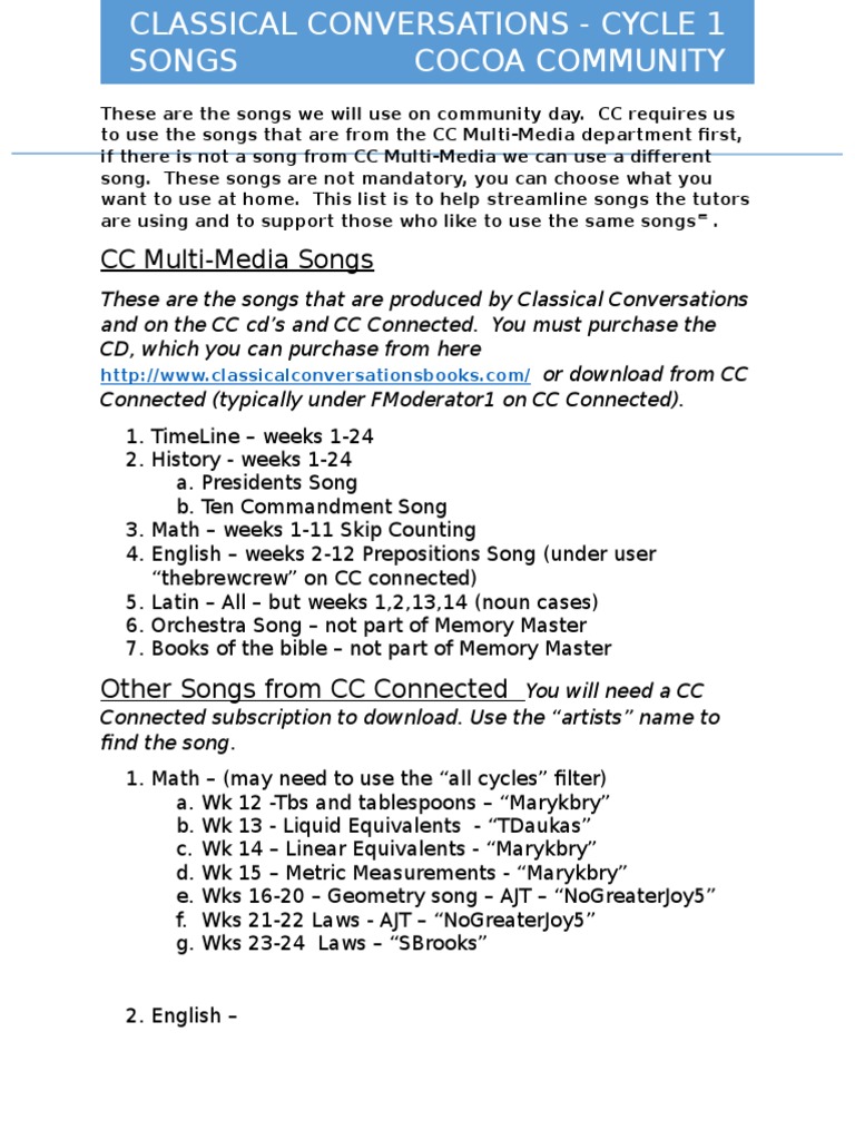 CC Cycle 1 Songs List | PDF