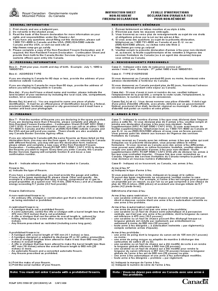 909-RCMP 5589 - CanadaEng Non Resident Firearms Declaration | PDF | Revolver | Calibre