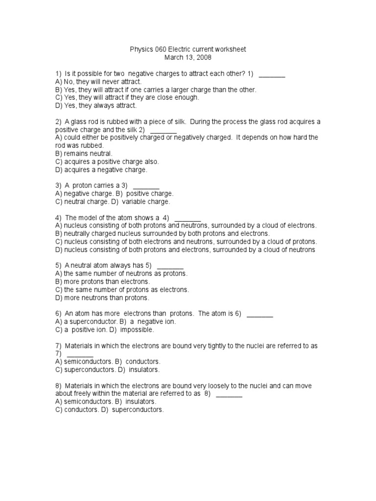 Electric Current Worksheet Answers | PDF | Electric Charge | Atomic Nucleus