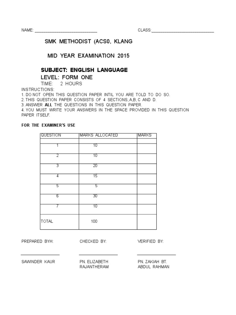 Form One English Exam Paper 2015 | PDF