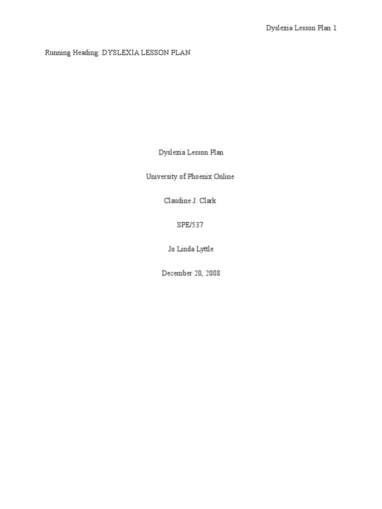 Dyslexia Lesson Plan Running Heading: DYSLEXIA LESSON PLAN | PDF ...