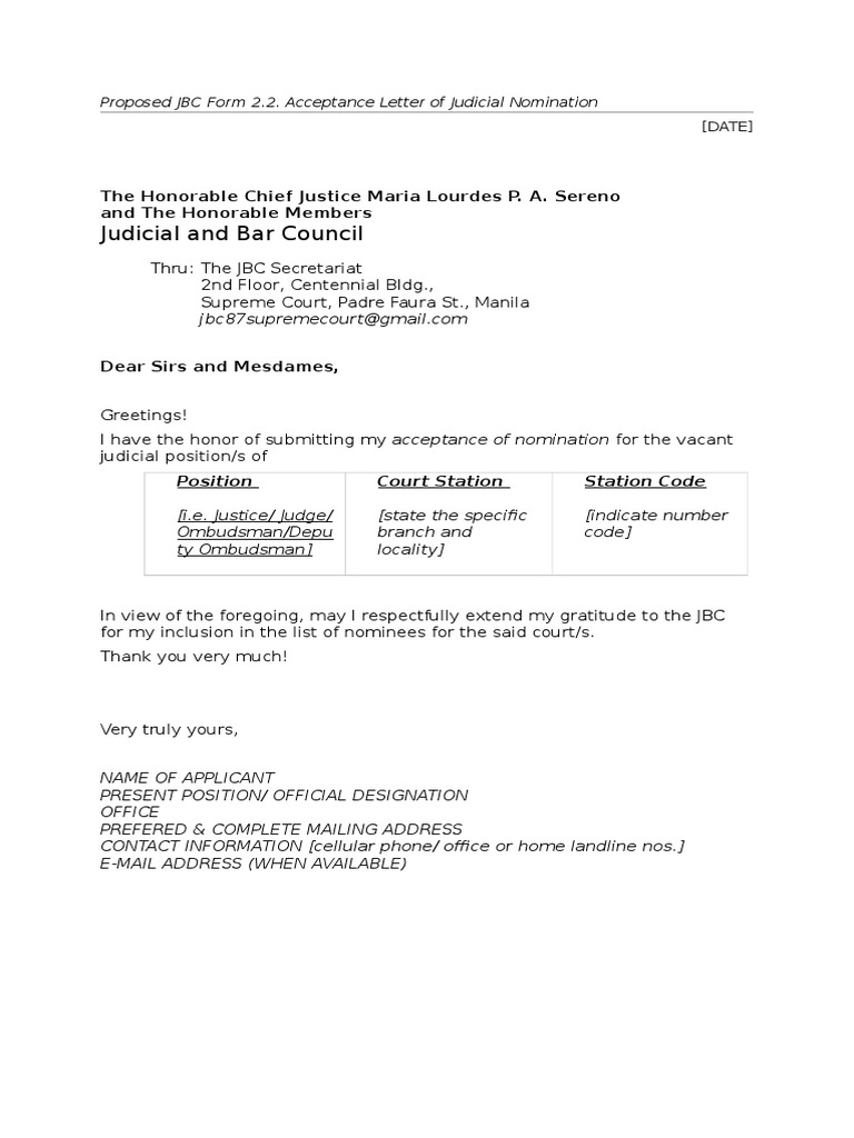 Acceptance Letter for Judicial Nomination | PDF | Law