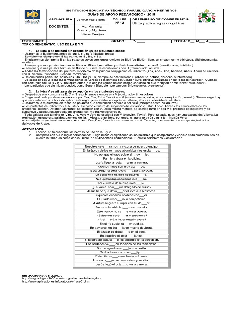 Taller No.12 Grado 7°uso de La B y V | PDF | Verbo | Palabra