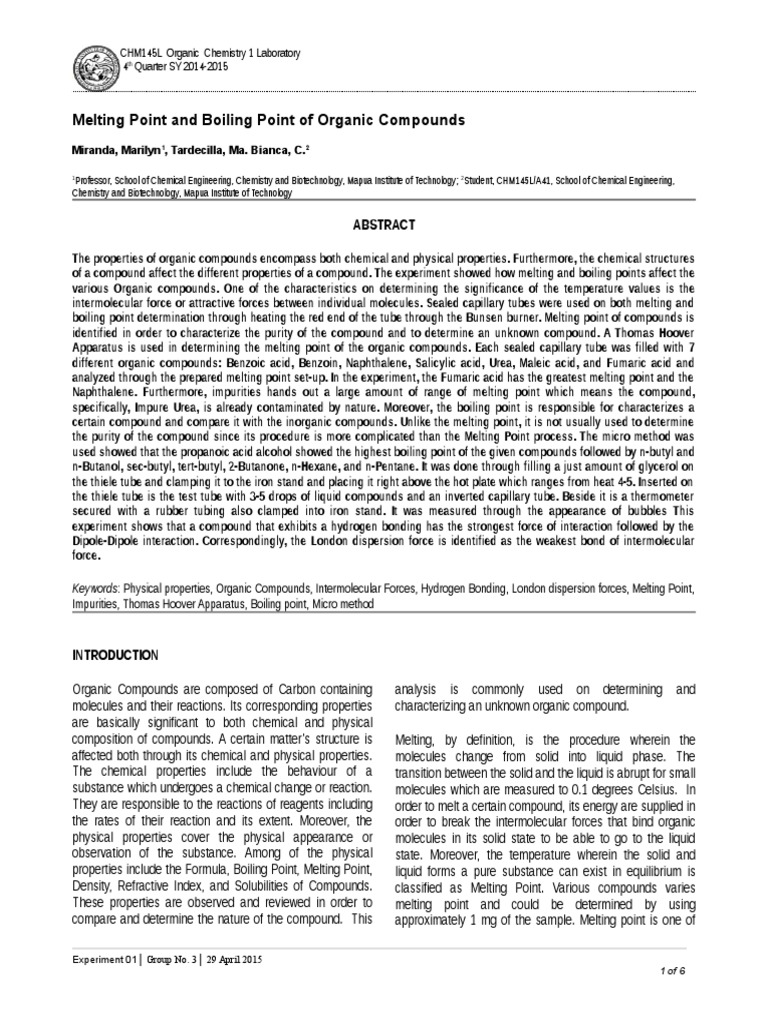 Melting and Boiling Points of Organics | PDF | Intermolecular Force ...