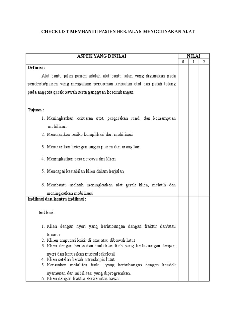 CHECKLIST Membantu Pasien Berjalan Dengan Mnggunakan Alat | PDF